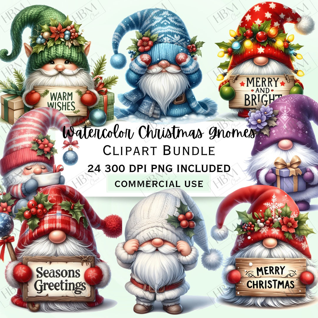 Watercolor Festive Gnomes Clipart Bundle, Christmas Sticker, Winter ...