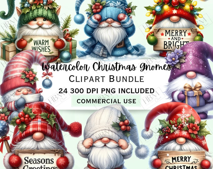 Christmas Gnomes Clipart, Cute Watercolor Winter Dwarf Garden PNG Set ...