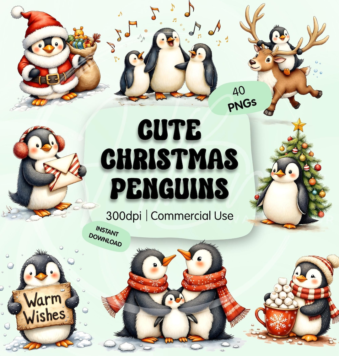 Cute Christmas Penguin Clipart Bundle, Watercolor Winter Holiday Animal ...