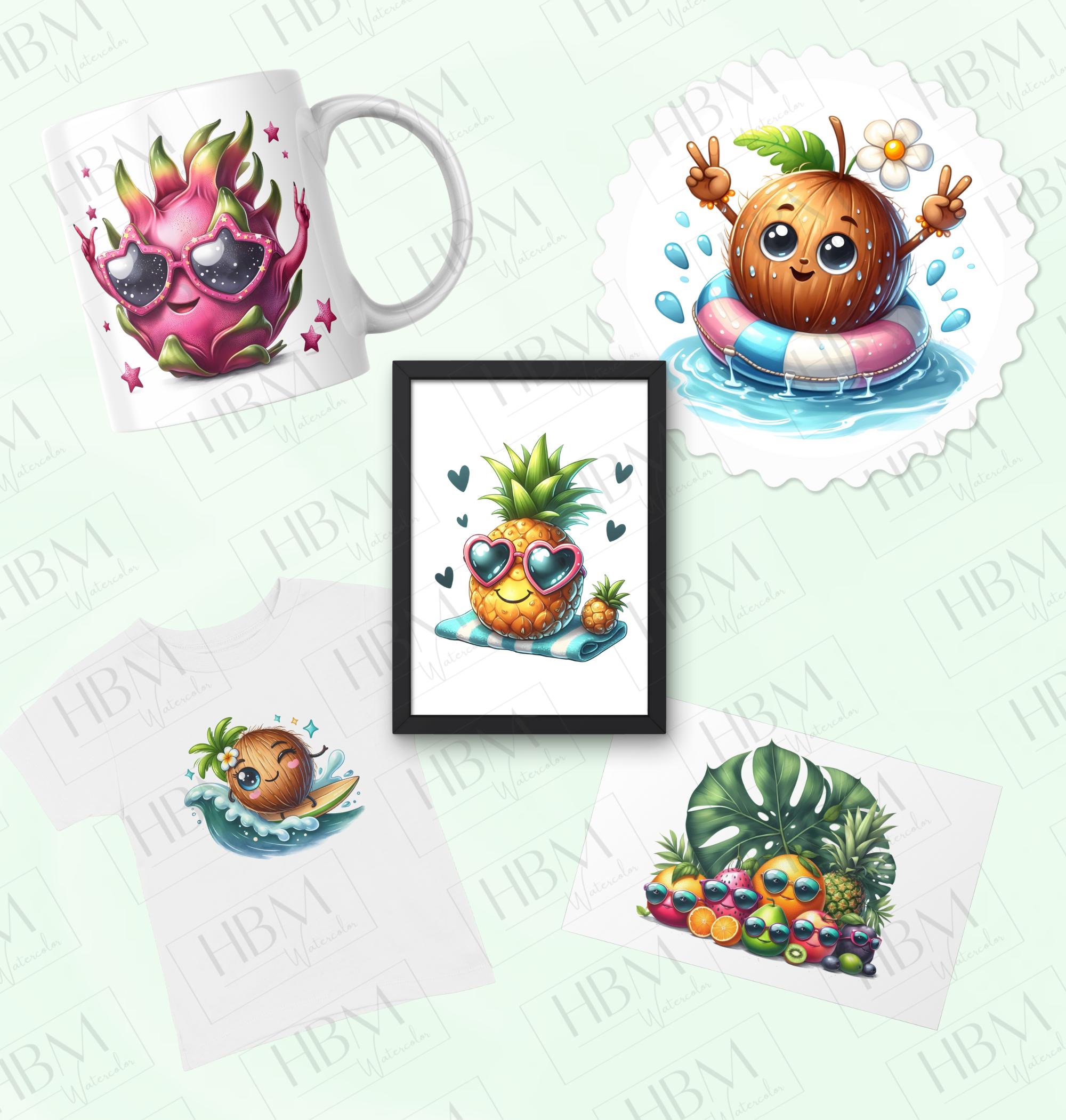 Quirky Tropical Fruit Clipart Bundle, Funny Summer Characters PNG ...