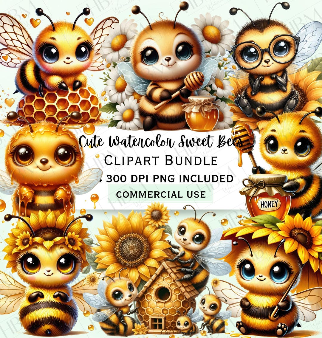 Cute Watercolor Sweet Bees Clipart Bundle, Honey Nursery Decor, Spring ...