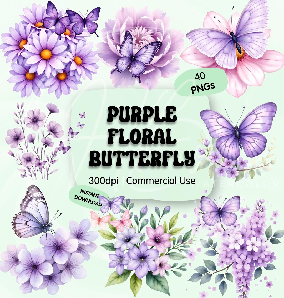 Purple Floral Butterfly Clipart Bundle, Watercolor Lilac Butterflies ...