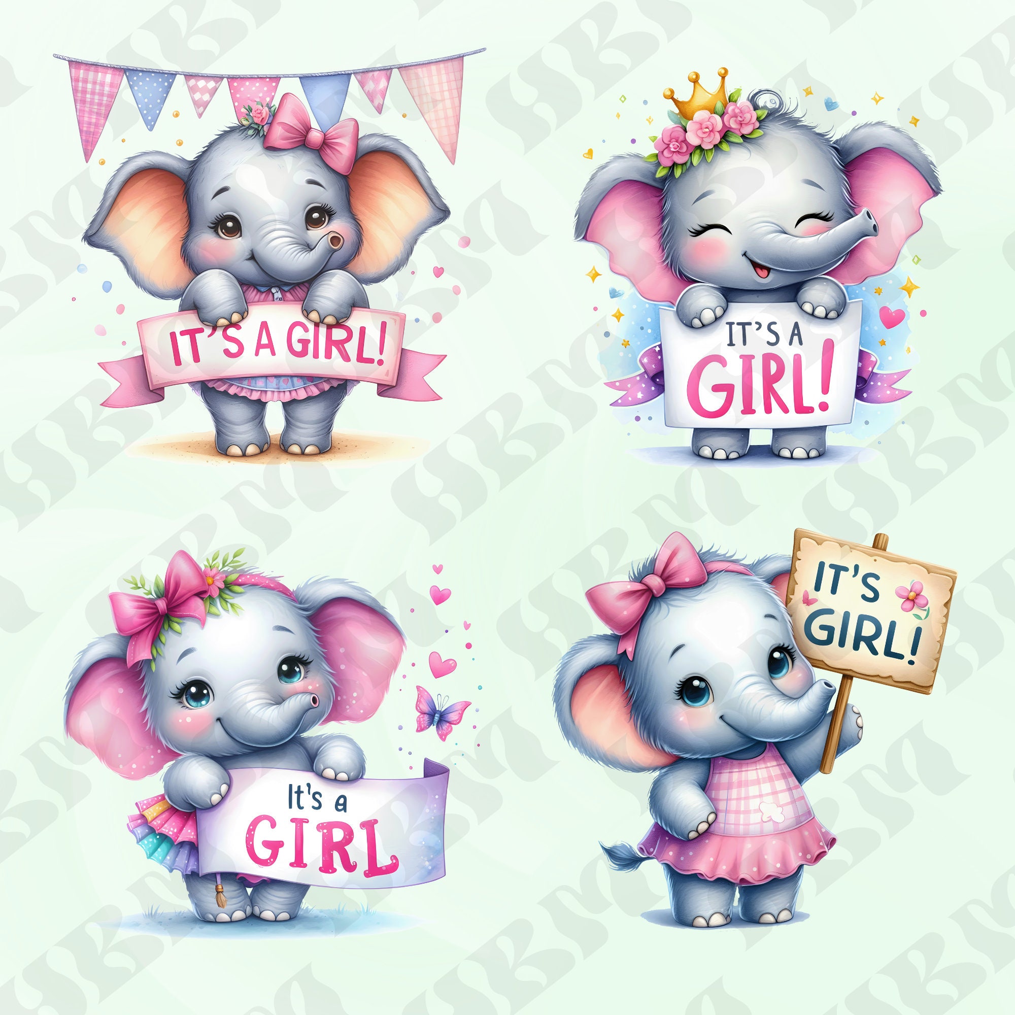 Watercolor Girl Elephant Clipart Bundle, Cute Nursery Decor, Pink Baby ...