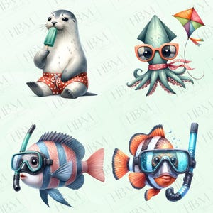 Summer Beach Animals Clipart Bundle, Funny Ocean Sea Creatures PNG ...