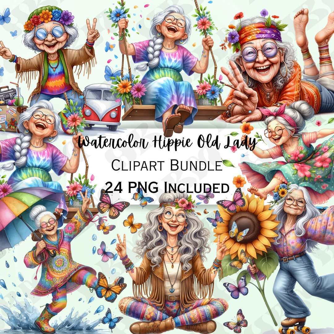 Funny Watercolor Hippie Old Ladies Clipart Bundle, Comical Grandma ...