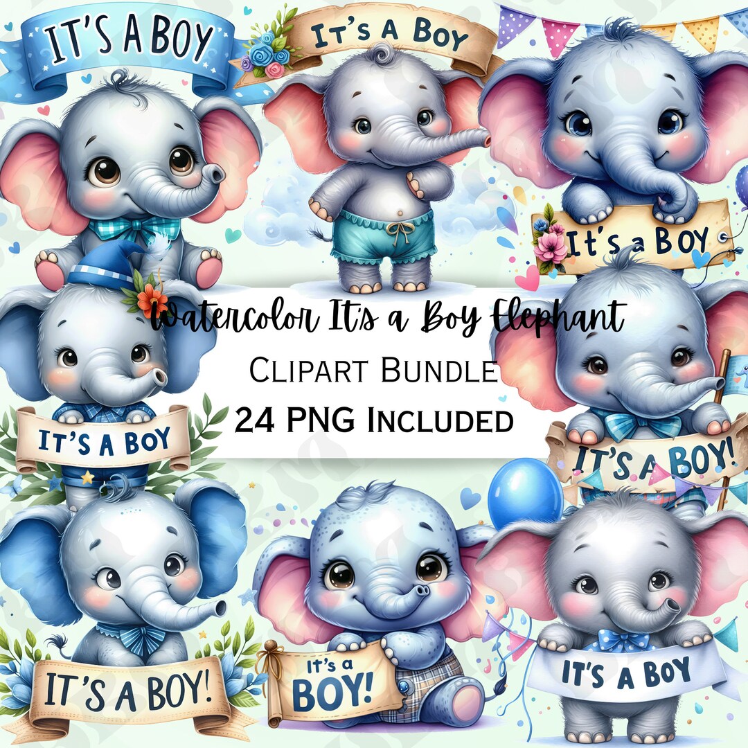 Watercolor Boy Elephant Clipart Bundle, Cute Nursery Decor, Adorable ...