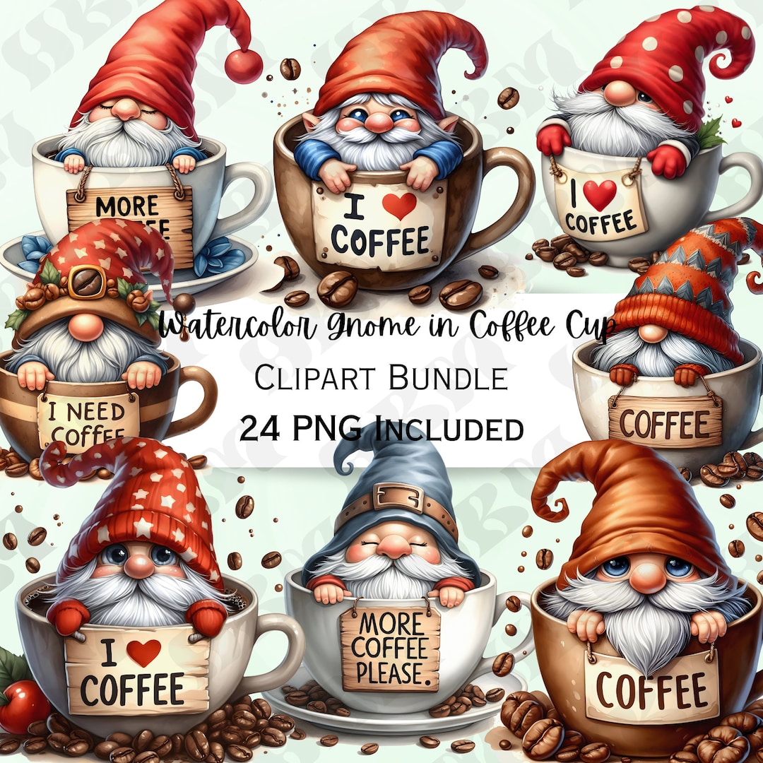 Watercolor Gnomes in Coffee Cups Clipart Bundle, Cute Caffeine Decor ...