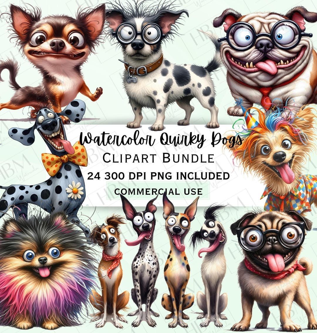 Funny Watercolor Quirky Dogs Clipart Bundle, Canine Sticker, Crazy ...