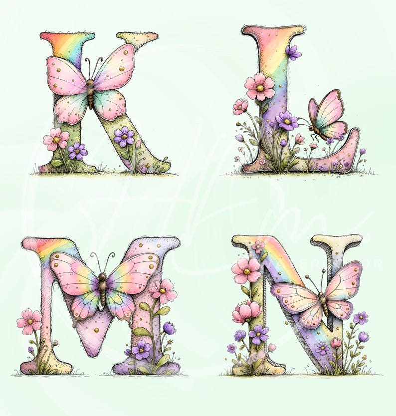 Whimsical Spring Floral Alphabet Clipart Bundle, Pastel Butterfly ABC ...