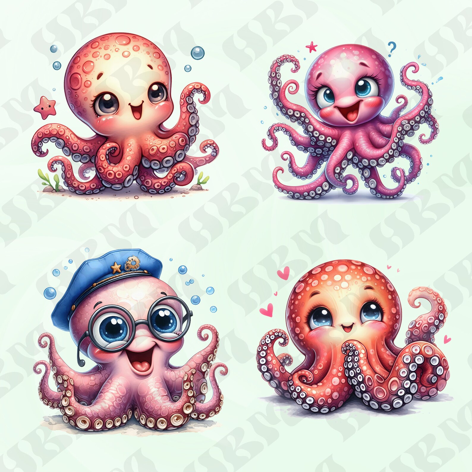 Cute Watercolor Octopus Clipart Bundle, Adorable Nursery Decor, Sea ...