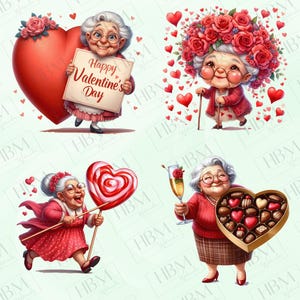 Funny Watercolor Valentine Old Lady Clipart Bundle, Whimsical Grandma ...