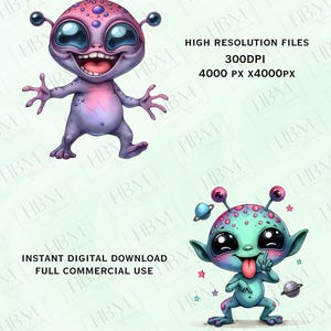 Quirky Watercolor Alien Cartoon Clipart Bundle, Funny Space Creatures ...