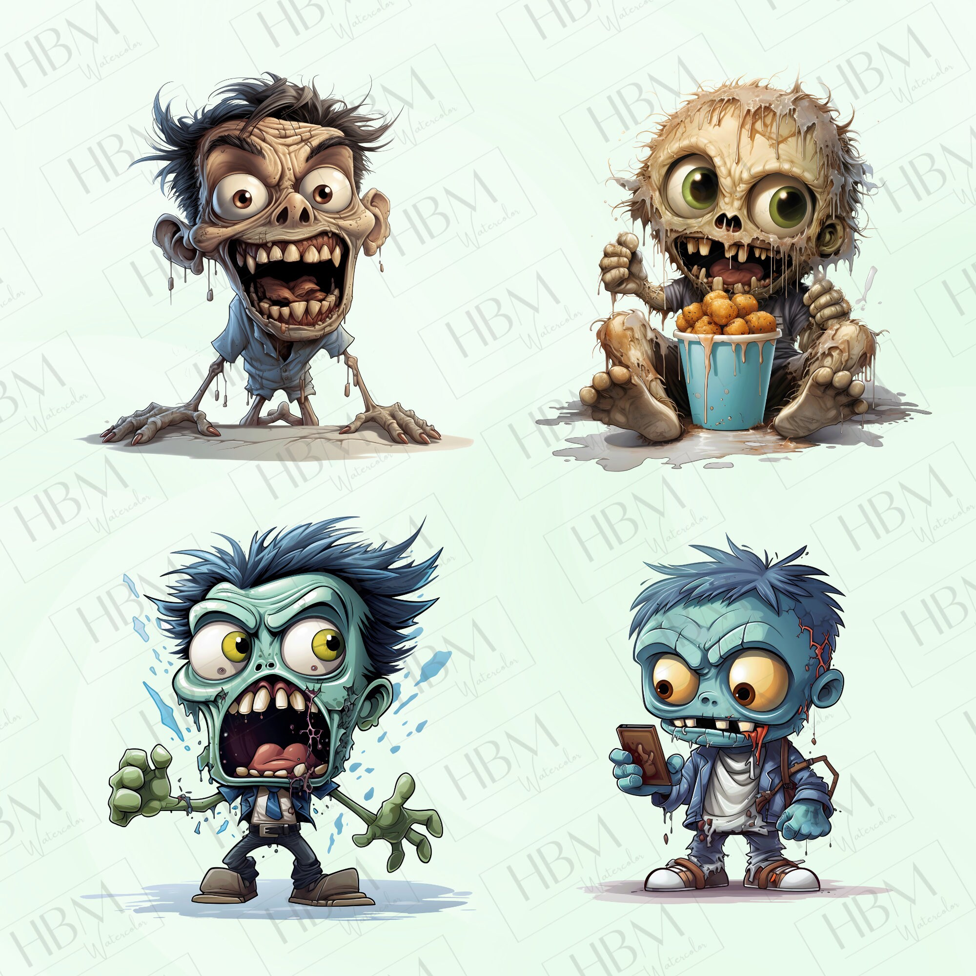 Scary Watercolor Halloween Zombies Clipart Bundle, Whimsical Haunted ...