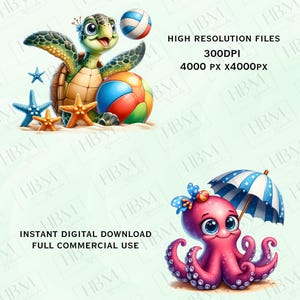 Funny Summer Sea Animals Clipart Bundle, Cute Beach Ocean PNG, Tropical ...