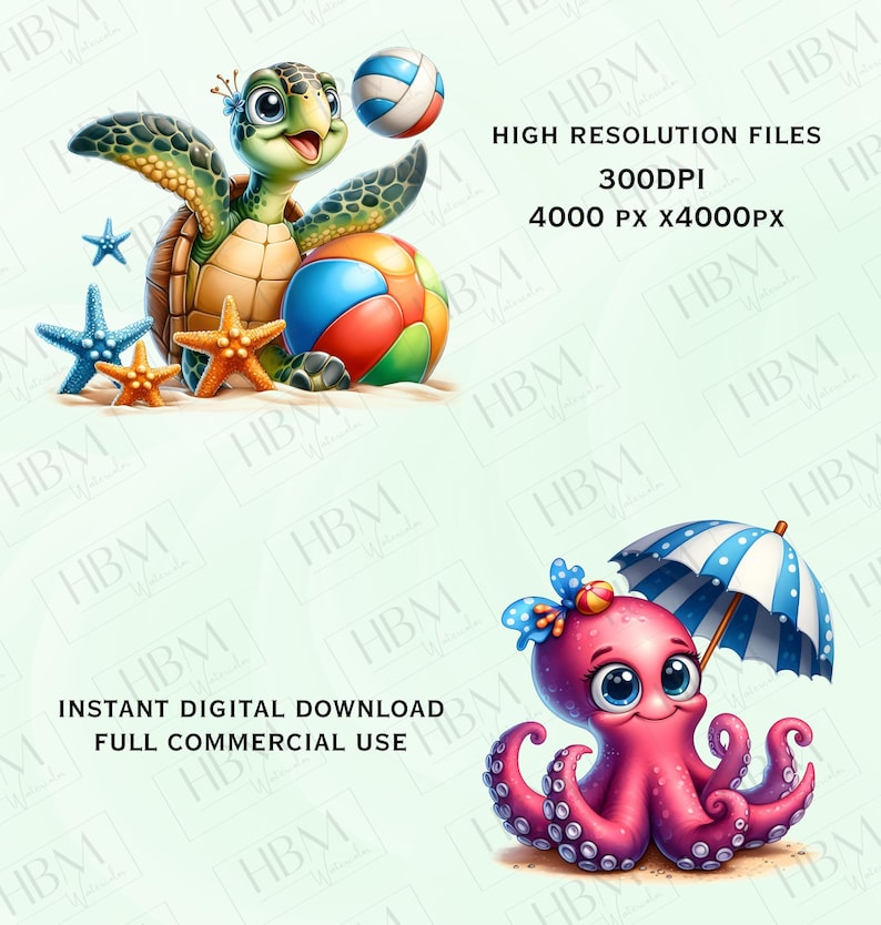 Funny Summer Sea Animals Clipart Bundle, Cute Beach Ocean PNG, Tropical ...