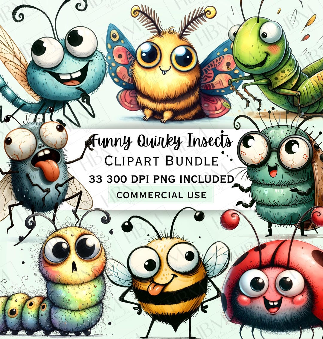 Funny Quirky Insects Clipart Bundle, Silly Bug Sticker, Crazy Whimsical ...