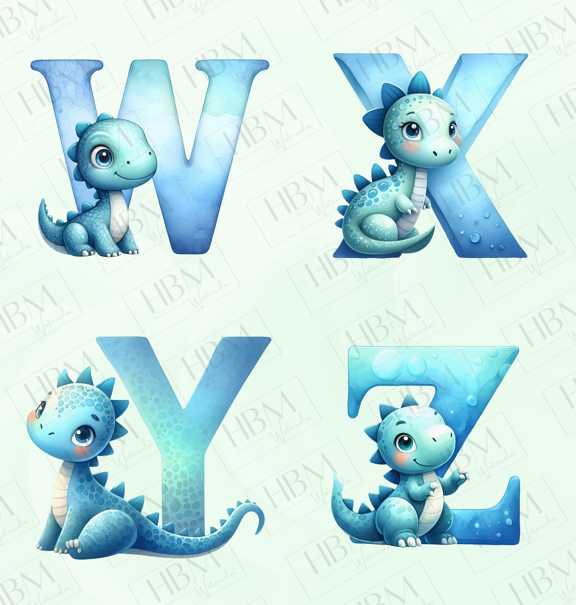 Watercolor Dinosaur Letters Clipart Bundle, Whimsical Blue Graphics ...