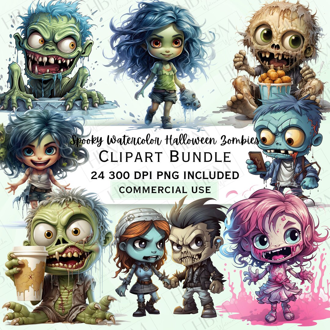 Scary Watercolor Halloween Zombies Clipart Bundle, Whimsical Haunted ...