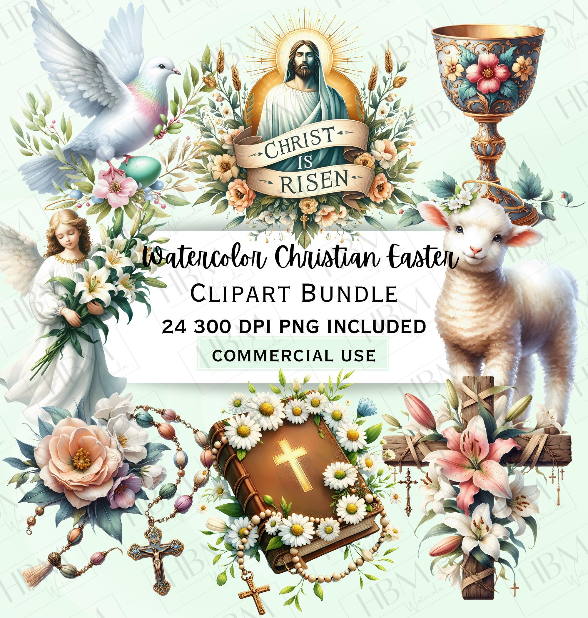 Watercolor Christian Easter Clipart Bundle, Religious Floral Graphics ...