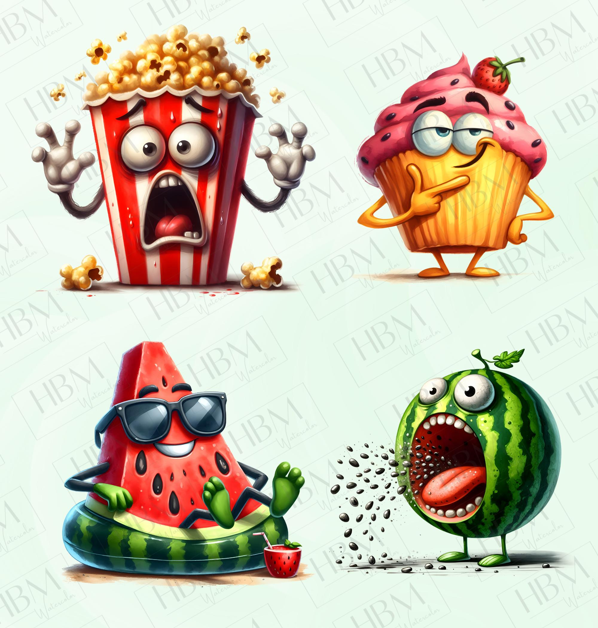 Funny Watercolor Food Characters Clipart Bundle, Quirky Kawaii Graphics ...