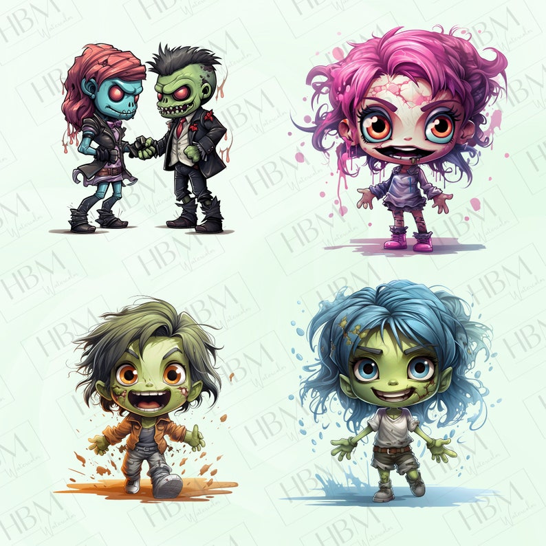 Scary Watercolor Halloween Zombies Clipart Bundle, Whimsical Haunted ...