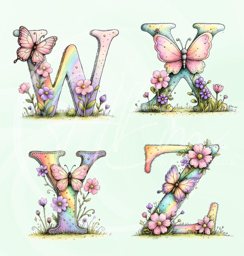 Whimsical Spring Floral Alphabet Clipart Bundle, Pastel Butterfly ABC ...