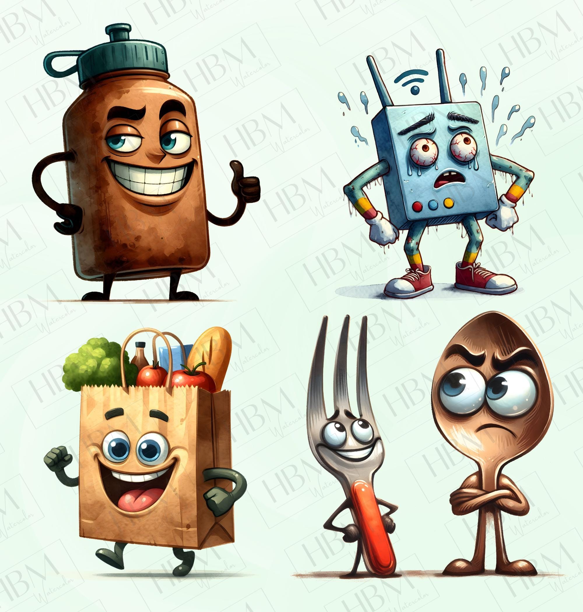 Funny Retro Cartoon Characters Clipart Bundle, Watercolor Vintage ...
