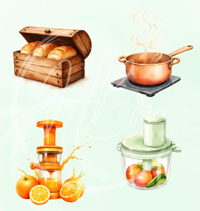 Kitchen Appliance Clipart Bundle, Watercolor Cooking Tools Pngs, Rustic ...