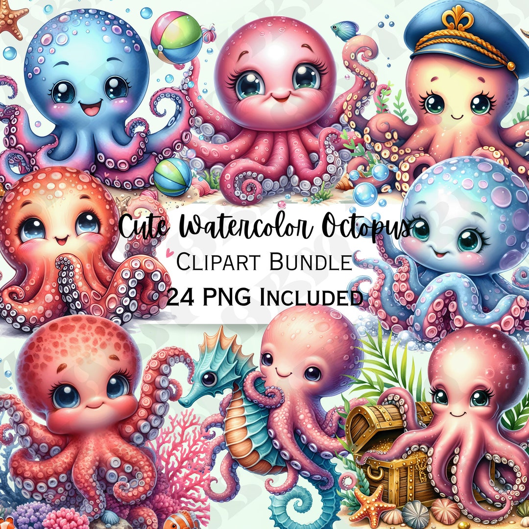 Cute Watercolor Octopus Clipart Bundle, Adorable Nursery Decor, Sea ...