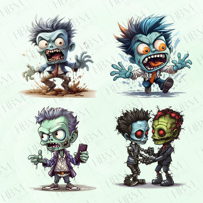 Scary Watercolor Halloween Zombies Clipart Bundle, Whimsical Haunted ...