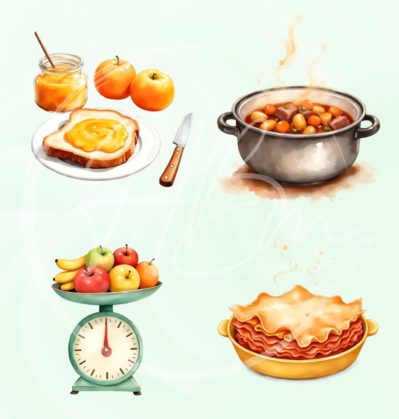 Kitchen Appliance Clipart Bundle, Watercolor Cooking Tools Pngs, Rustic ...