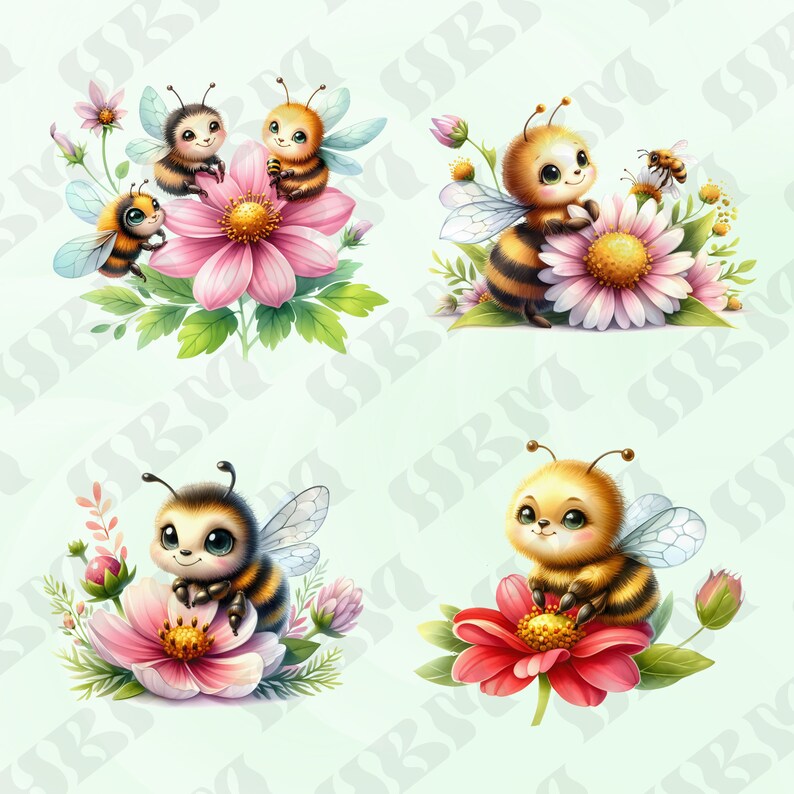 Cute Watercolor Bees on Flowers Clipart Bundle, Daisies Nursery Decor ...
