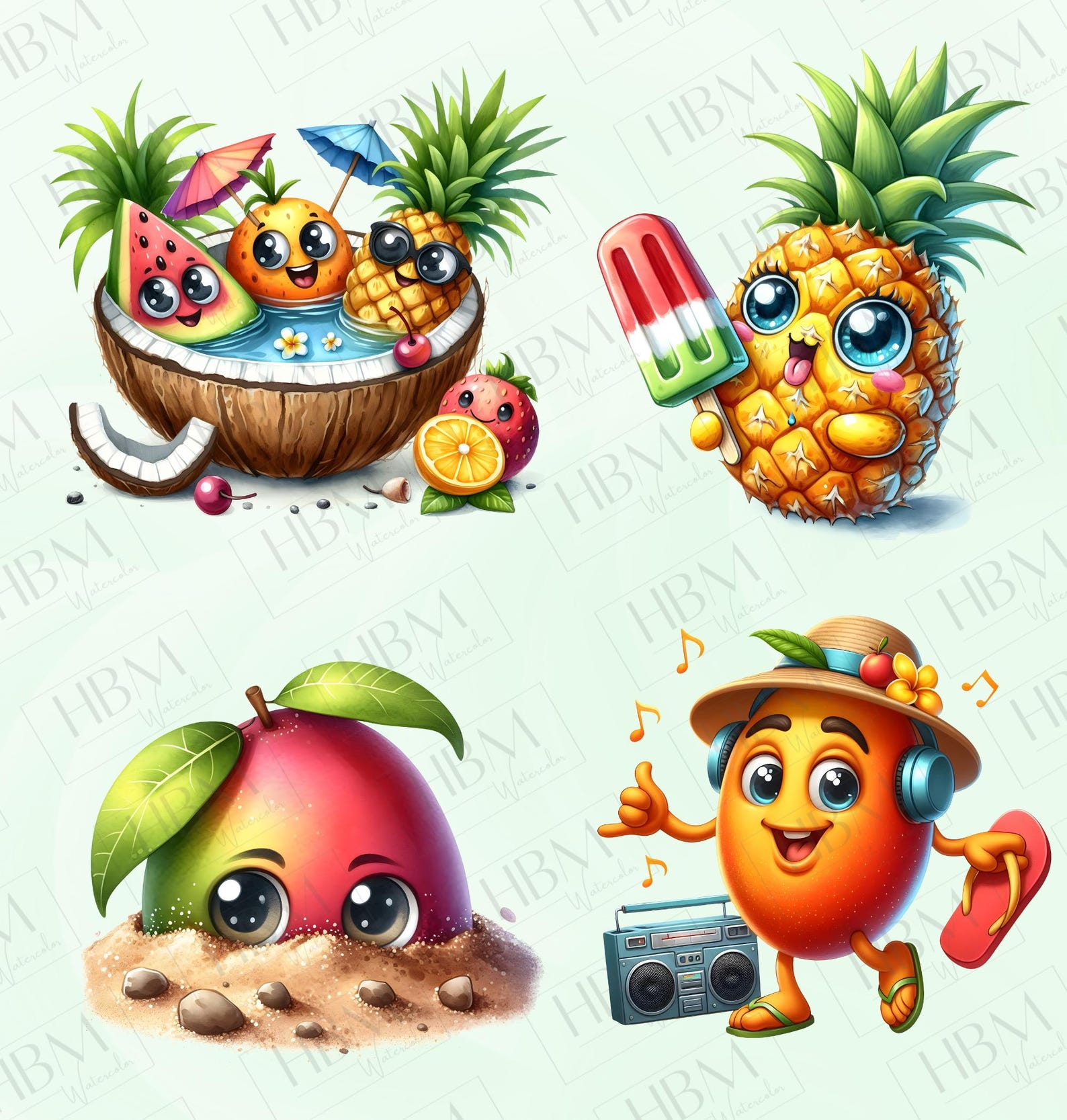Quirky Tropical Fruit Clipart Bundle, Funny Summer Characters PNG ...