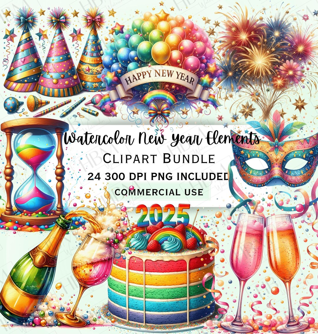 Watercolor New Years Elements Clipart Bundle, 2025 Colorful Party ...