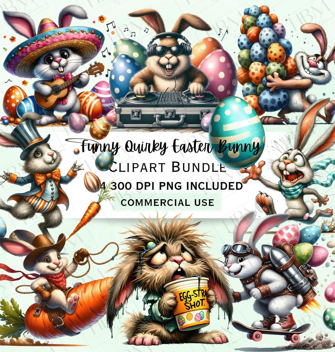 Funny Quirky Easter Bunny Clipart Bundle, Whimsical Rabbit Stickers ...