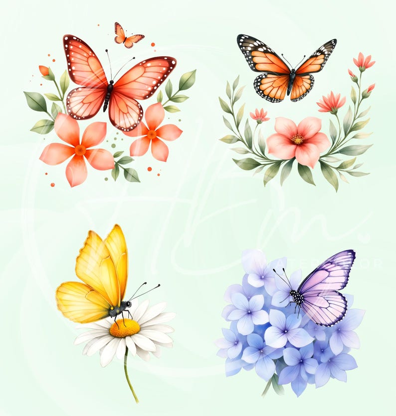 Colorful Butterfly Clipart Bundle, Watercolor Floral PNG, Spring Flower ...
