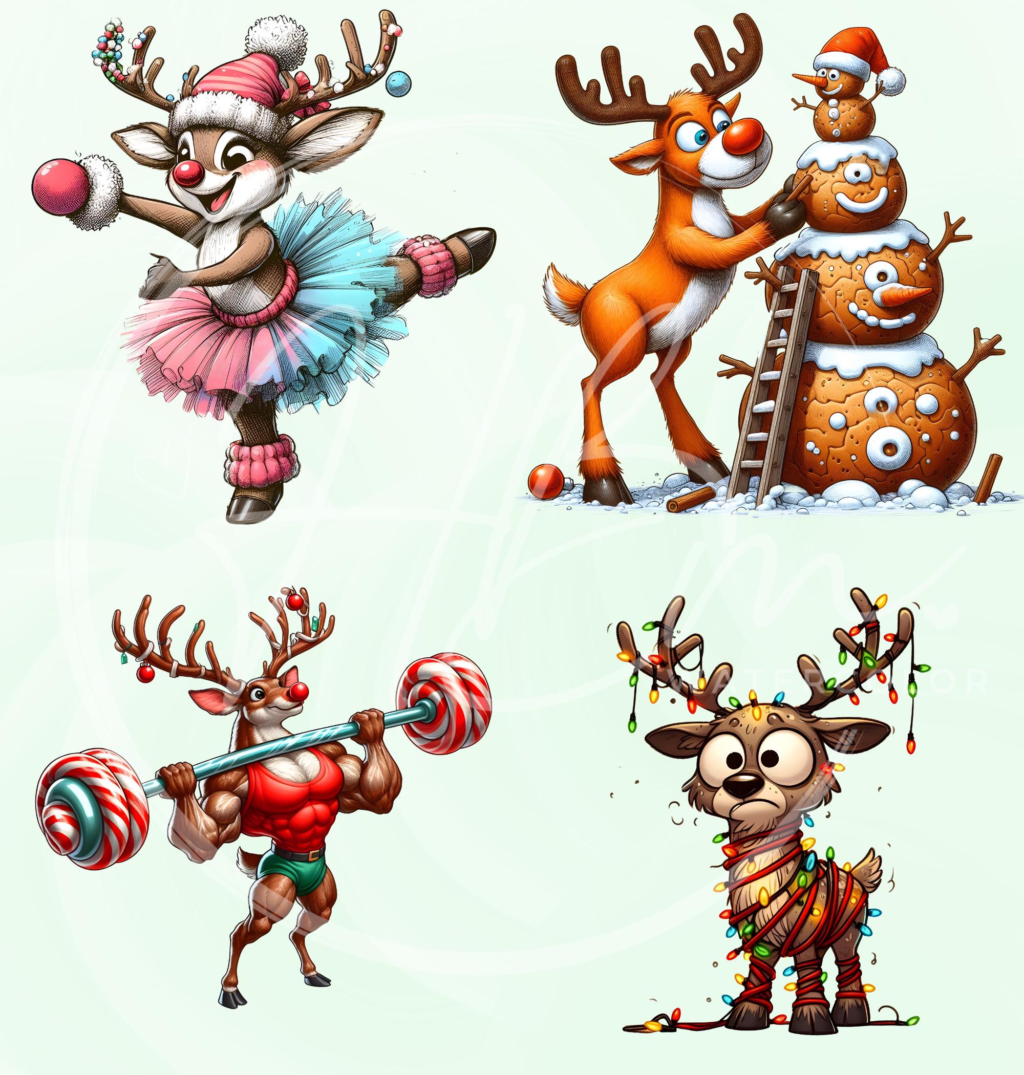 Quirky Christmas Reindeer Clipart PNG Bundle, Funny Holiday Deer ...