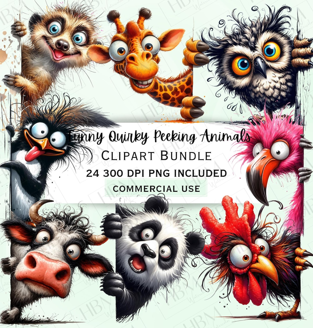 Funny Quirky Animals Peeking Around Corner Clipart Bundle, Humorous ...