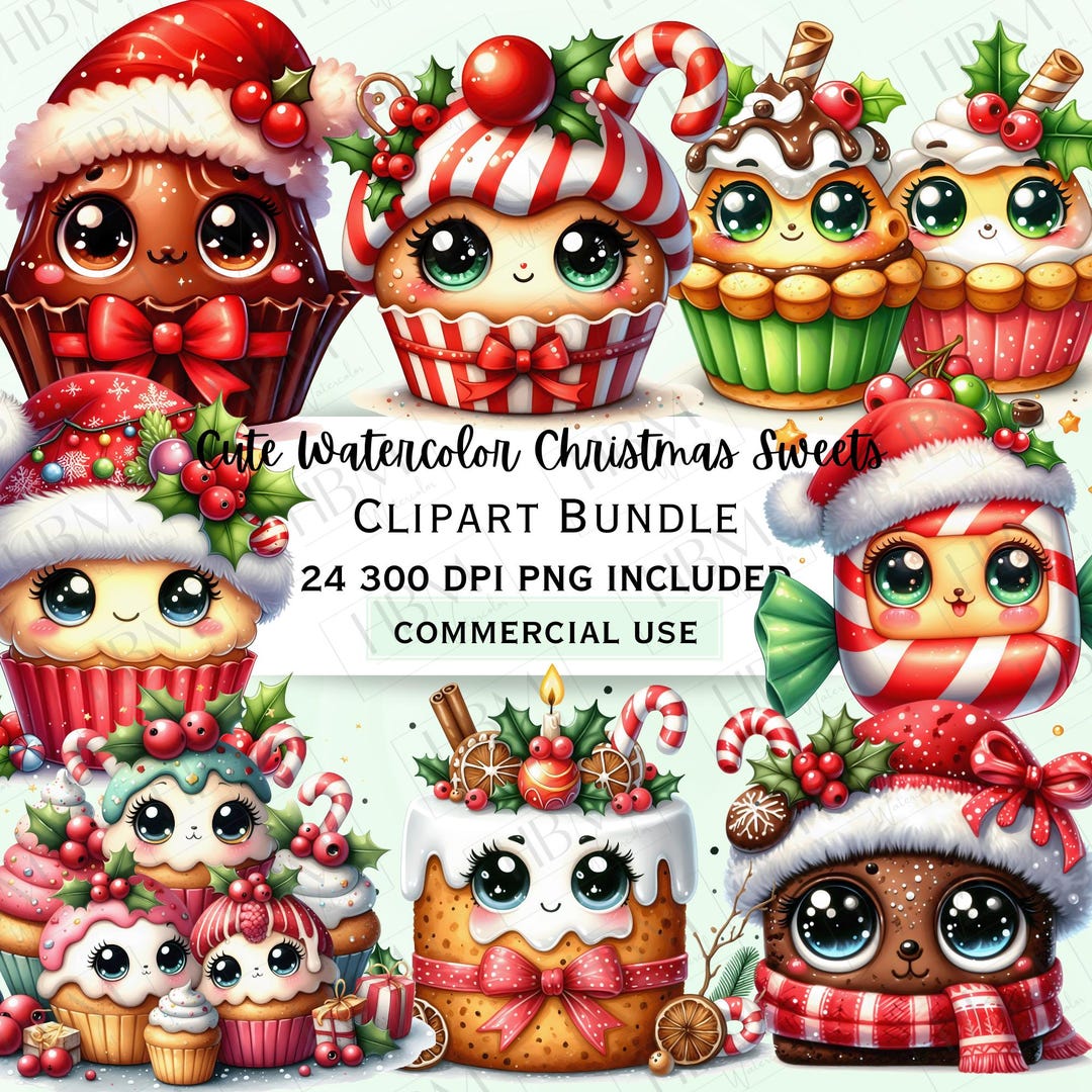 Cute Watercolor Christmas Sweets Clipart Bundle, Festive Xmas Dessert ...