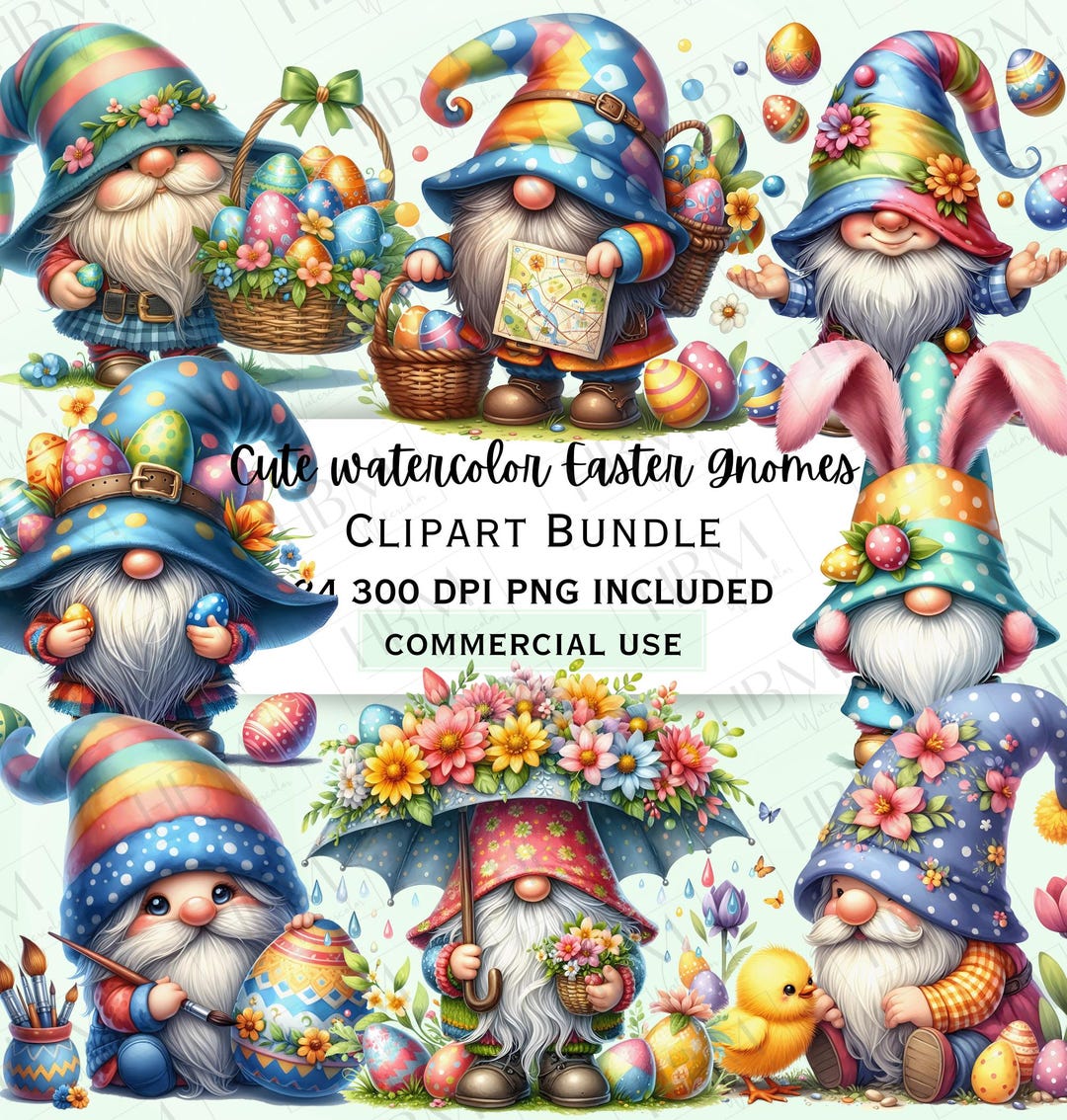 Cute Watercolor Easter Gnomes Clipart Bundle, Festive Bunny Art ...