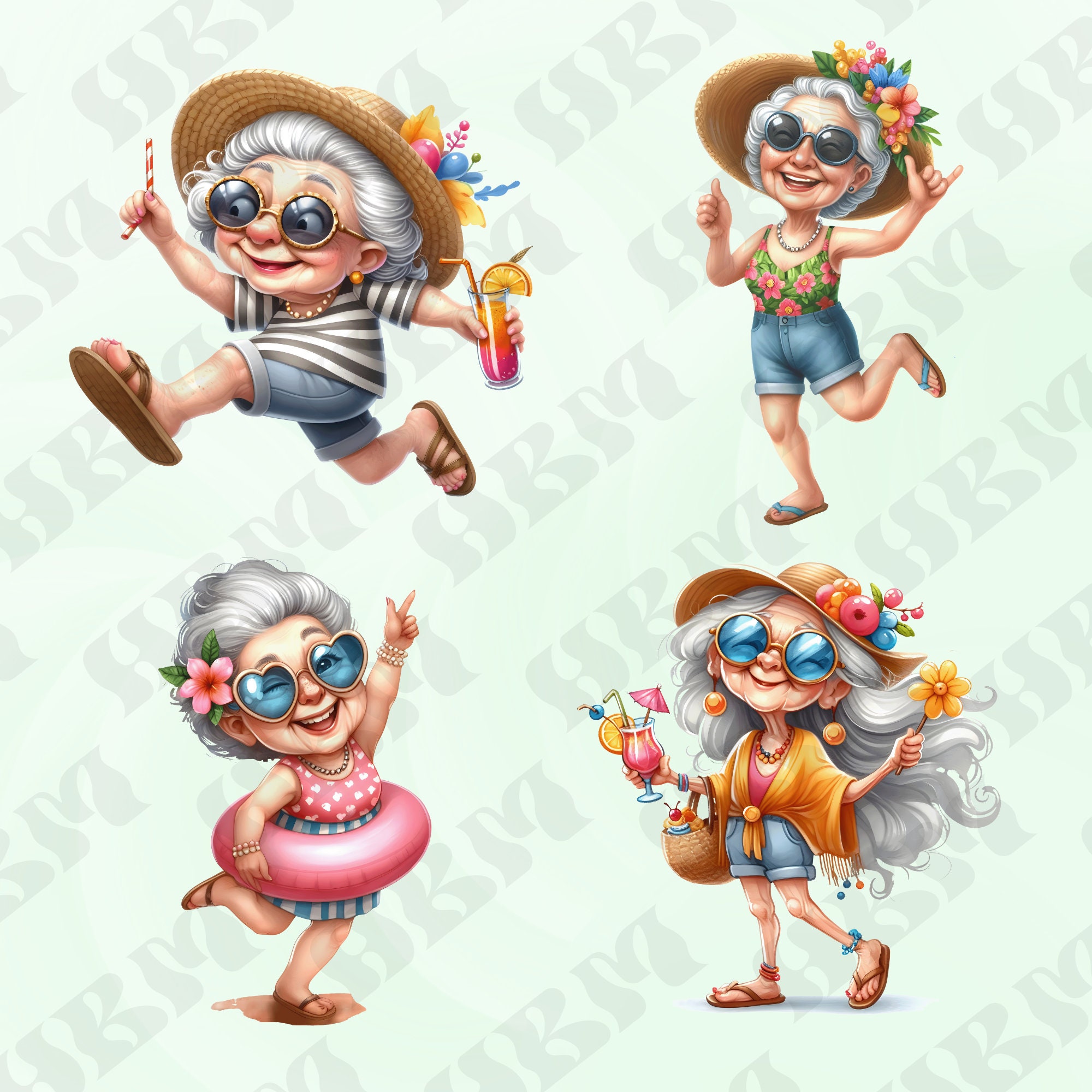 Funny Watercolor Summer Old Ladies Clipart Bundle, Grandma Sticker ...