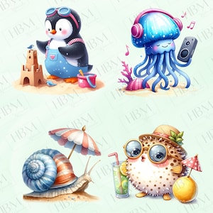 Summer Beach Animals Clipart Bundle, Funny Ocean Sea Creatures PNG ...