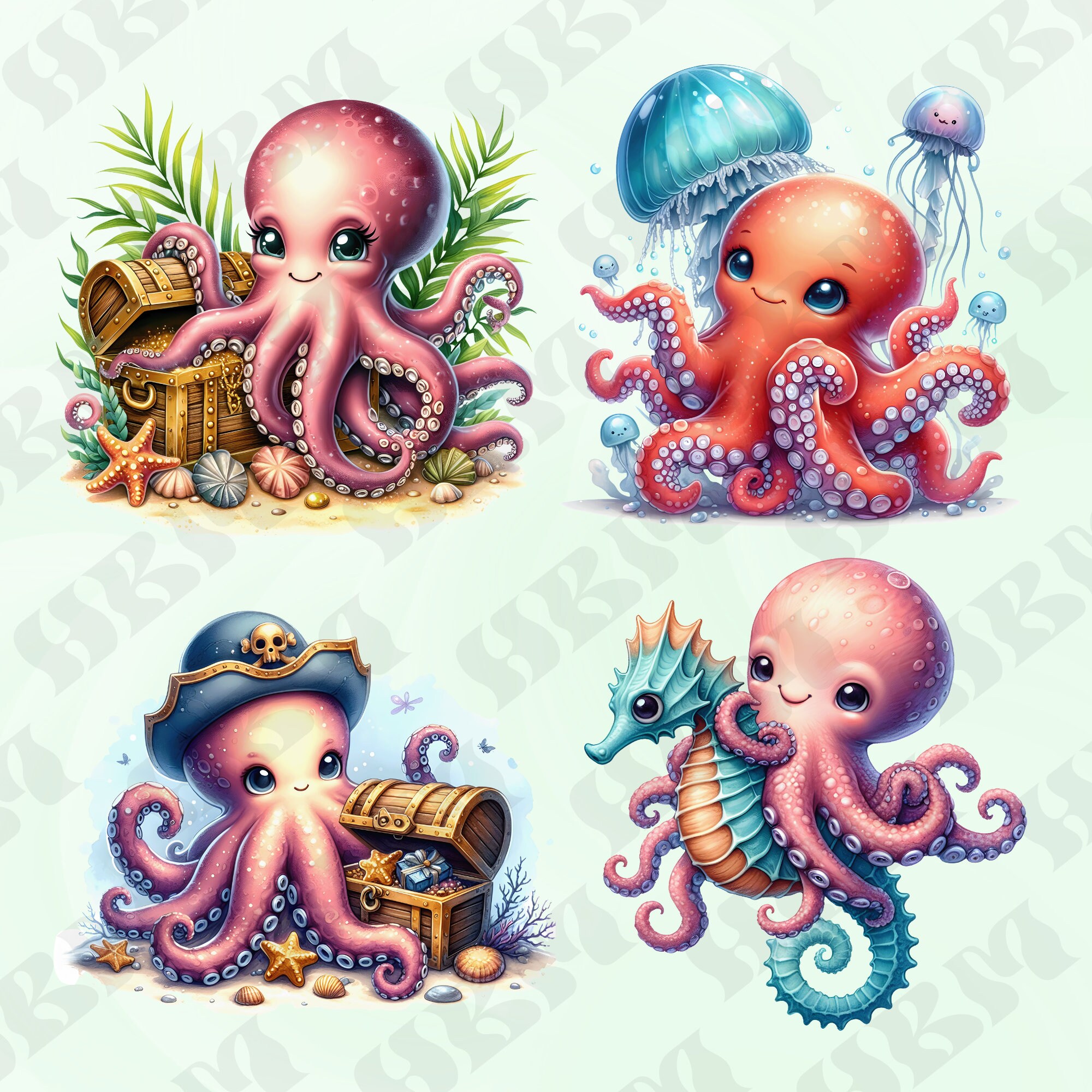 Cute Watercolor Octopus Clipart Bundle, Adorable Nursery Decor, Sea ...