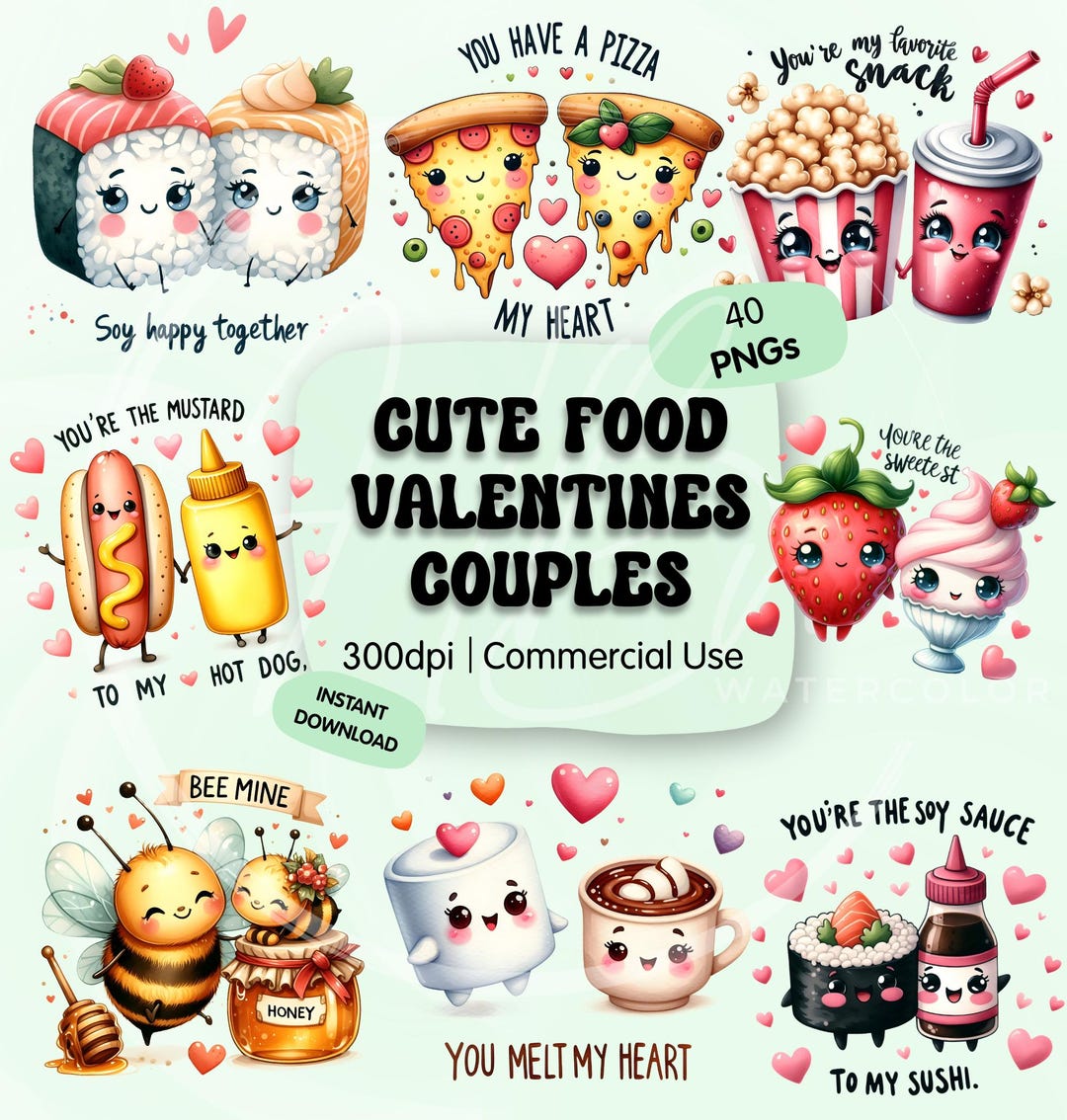 Cute Food Valentines Clipart PNG-bundel, romantische kawaii-graphics ...
