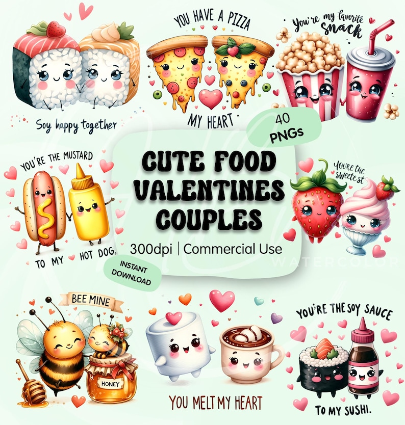 Cute Food Valentines Clipart PNG-bundel, romantische kawaii-graphics ...