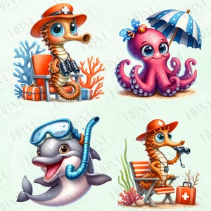 Funny Summer Sea Animals Clipart Bundle, Cute Beach Ocean PNG, Tropical ...
