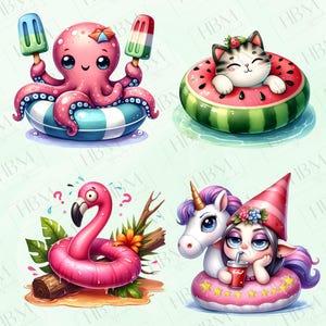 Funny Cute Pool Float Clipart Bundle, Cute Animal Graphics, Kawaii ...
