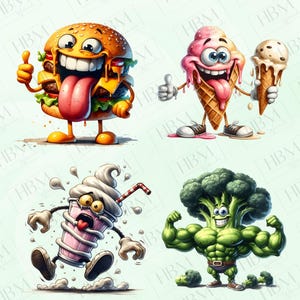 Funny Watercolor Food Characters Clipart Bundle, Quirky Kawaii Graphics ...