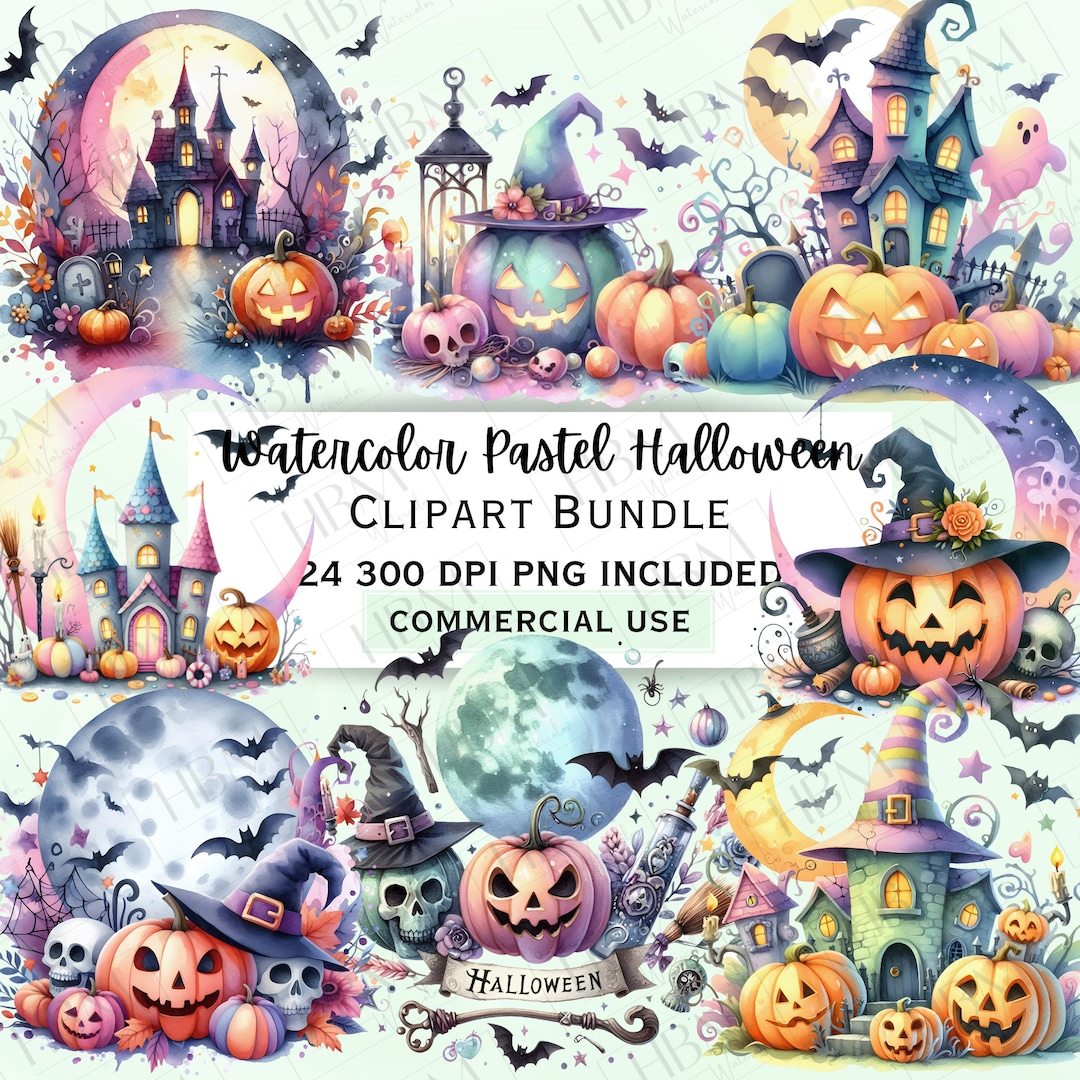 Pastel Watercolor Halloween Clipart Bundle, Whimsical Witchy Graphics ...