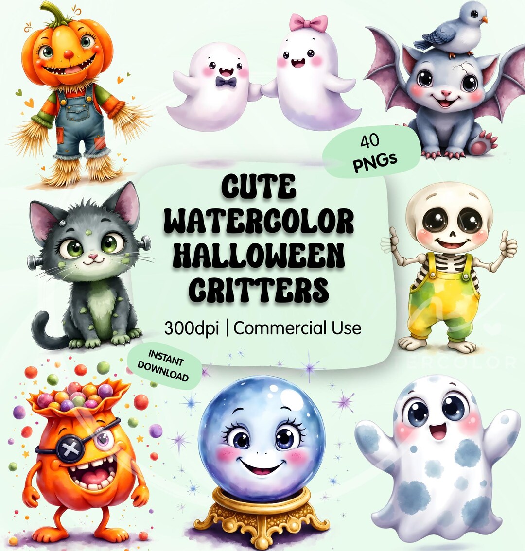 Cute Halloween Critters Clipart Bundle, Watercolor Monster Ghost Pngs ...